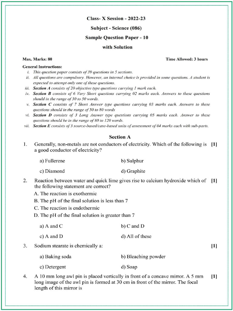 Science Sample Paper - 10 - 1 | PDF