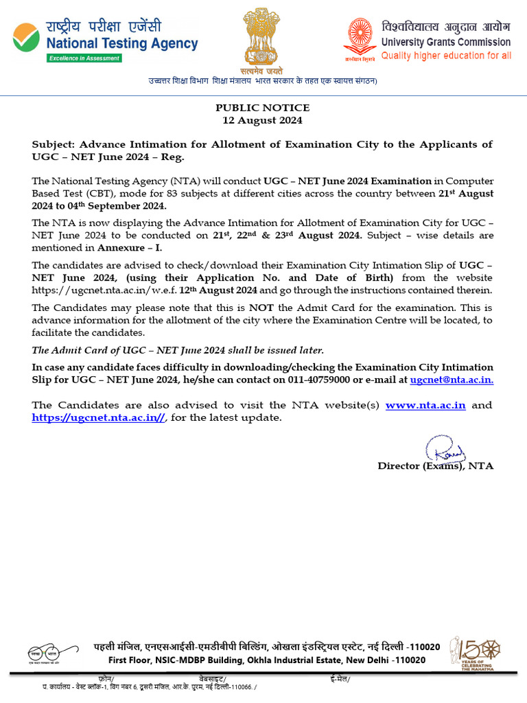 Public Notice For Advance City Intimation of Ugc Net June 2024 Phase I ...