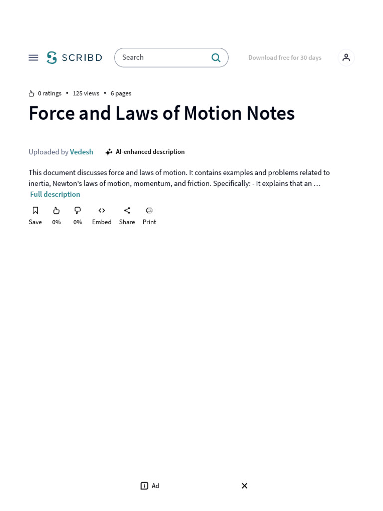 Force And Laws Of Motion Notes Pdf Force Momentum Pdf