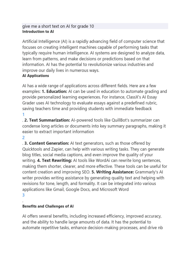 Give Me A Short Text On AI For Grade 10 | PDF