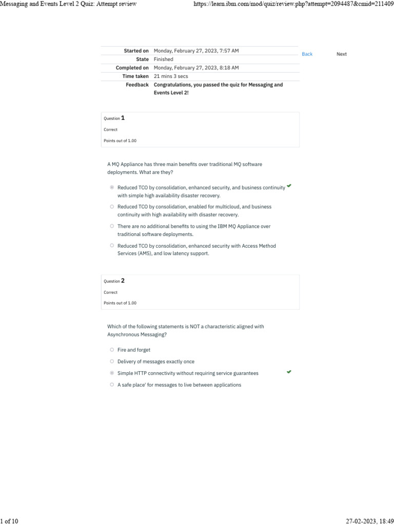 Messaging and Events Level 2 Quiz Attempt Review | PDF