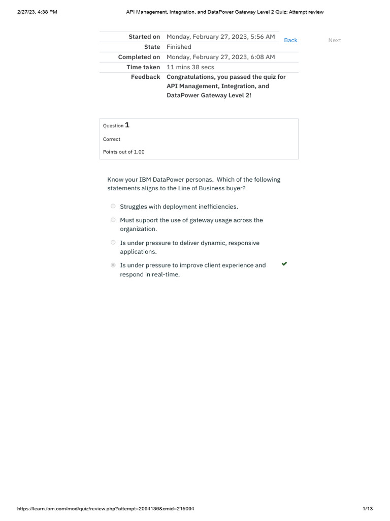 API Management, Integration, and DataPower Gateway Level 2 Quiz - Attempt Review | PDF