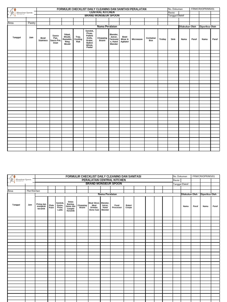 Form Checklist Cleaning Dan Sanitasi Peralatan Central Kitchen Brand ...