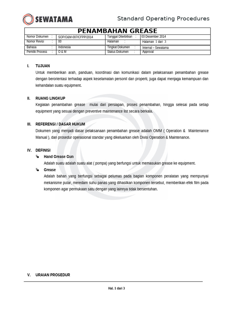 SOP - O&M - 007 - 02 - 2014 - Penambahan Grease | PDF
