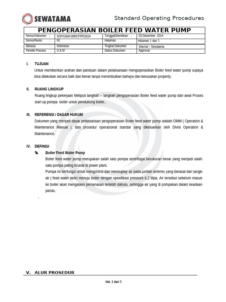 SOP - O&M - 009 - 02 - 2014 - Pengoperasian Boiler Feed Water Pump (BFWP) | PDF