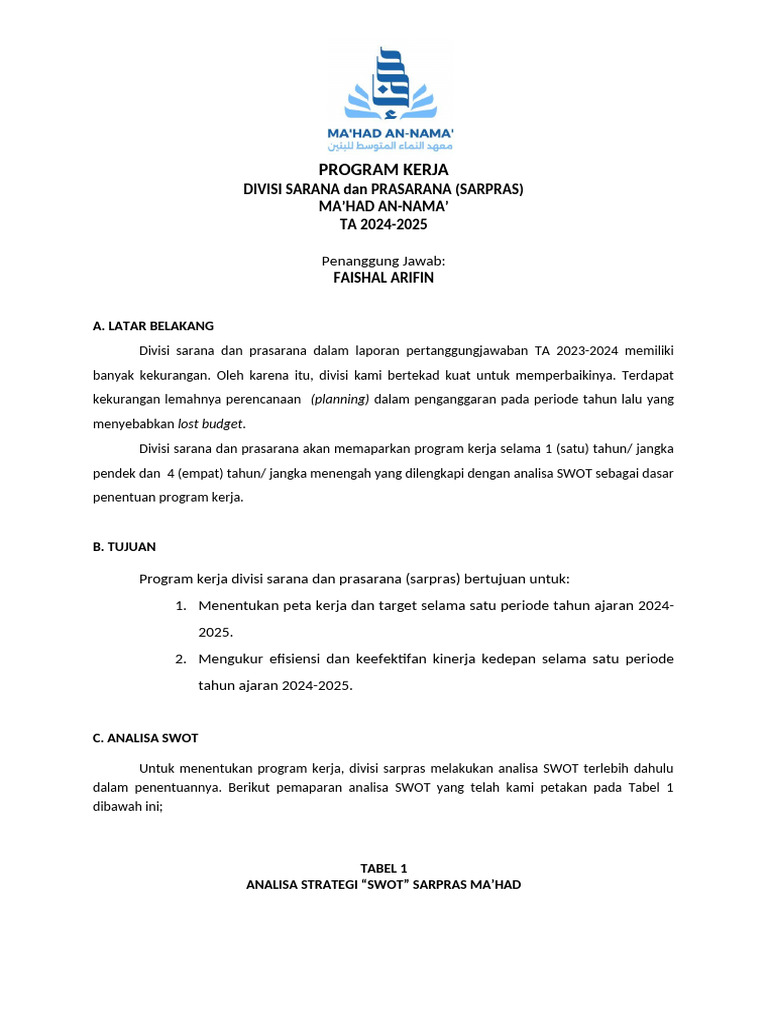 Program Kerja Divisi Sarpras 2024-2025 | PDF | Seni