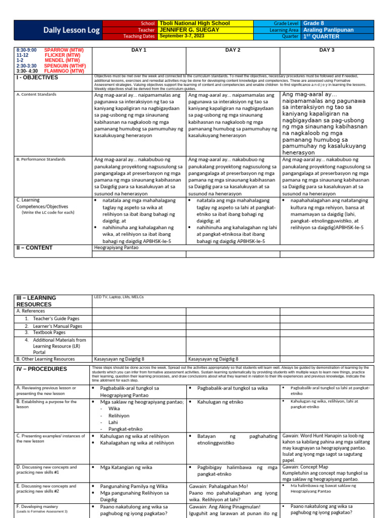 Week 2 Daily Lesson Log Pdf