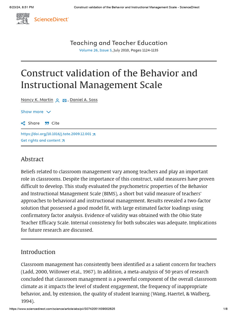Validating the Behavior Management Scale | PDF | Classroom Management ...