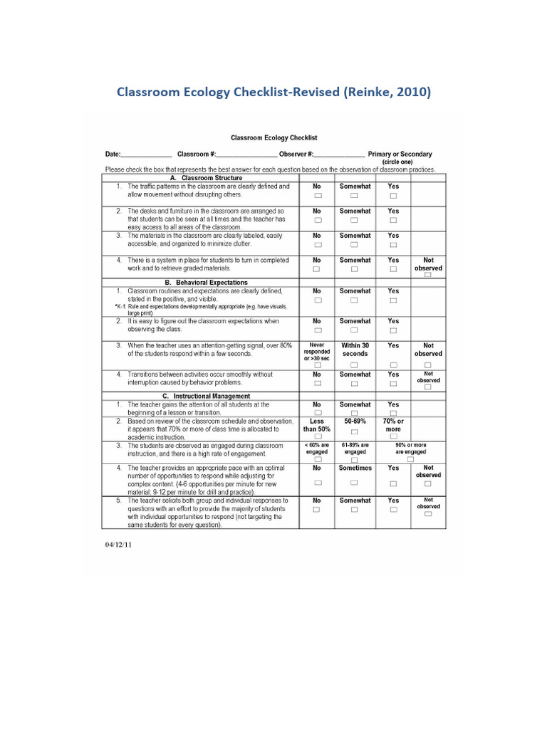 Revised Classroom Ecology Checklist | PDF