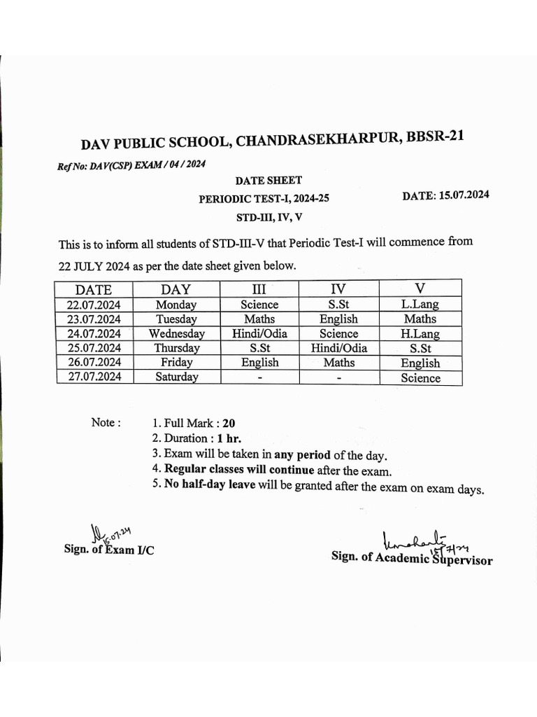 PT-I Time Table (2024-25) | PDF