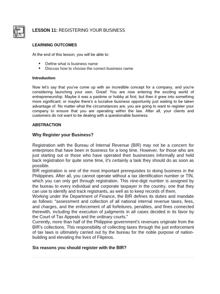 Lesson 11 Registering Your Business | PDF