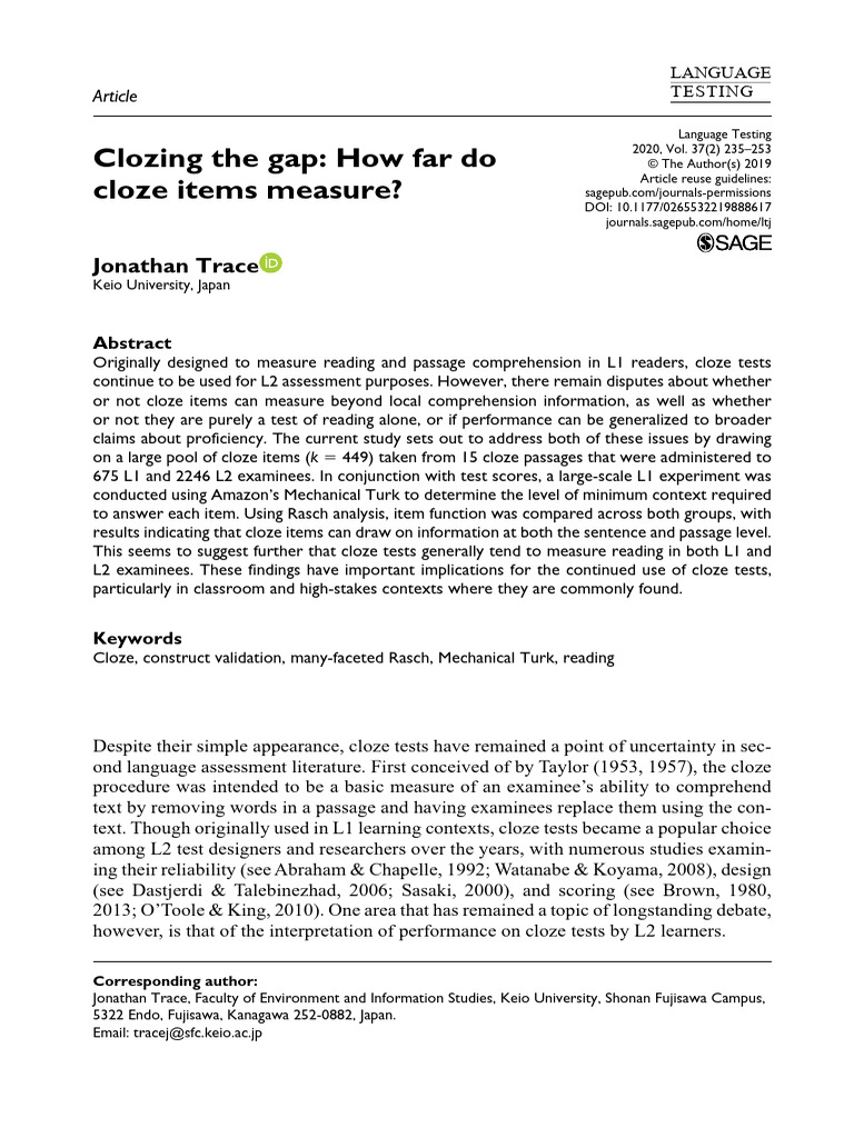 Clozing The Gap: How Far Do Cloze Items Measure?: Jonathan Trace | PDF