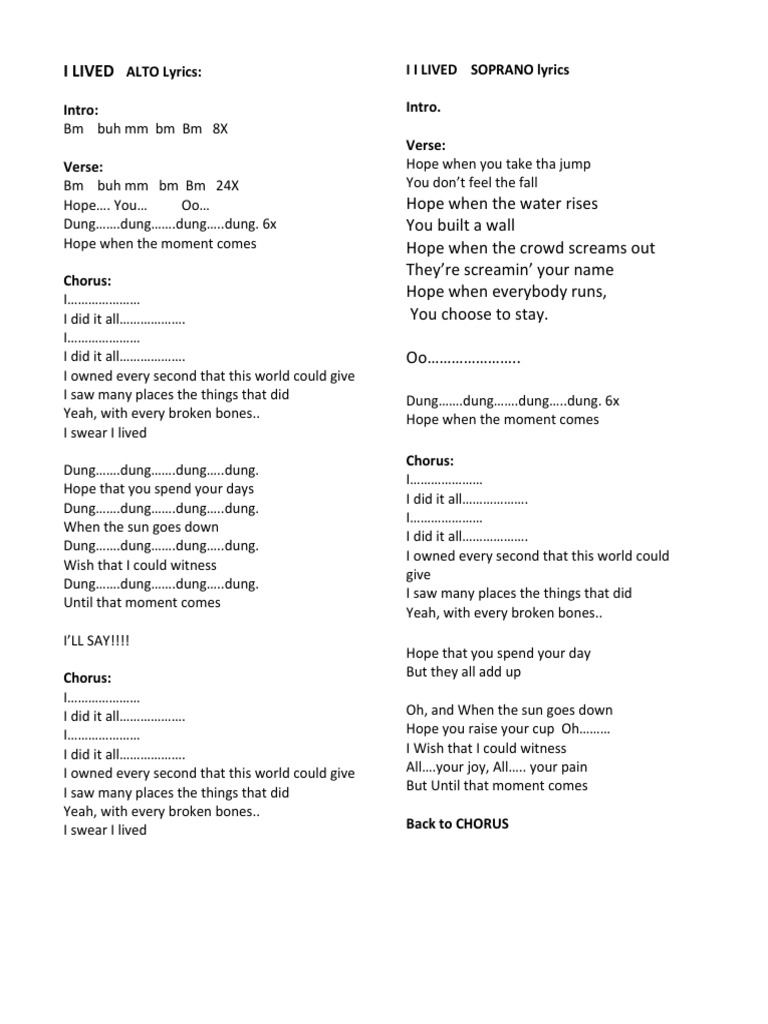 I LIVED Lyrics | PDF