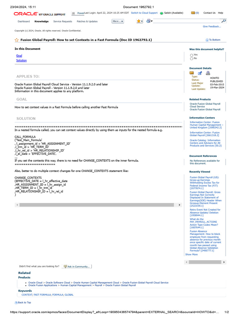 How To Set Contexts in A Fast Formula (Doc ID 1962792.1) To Bottom | PDF