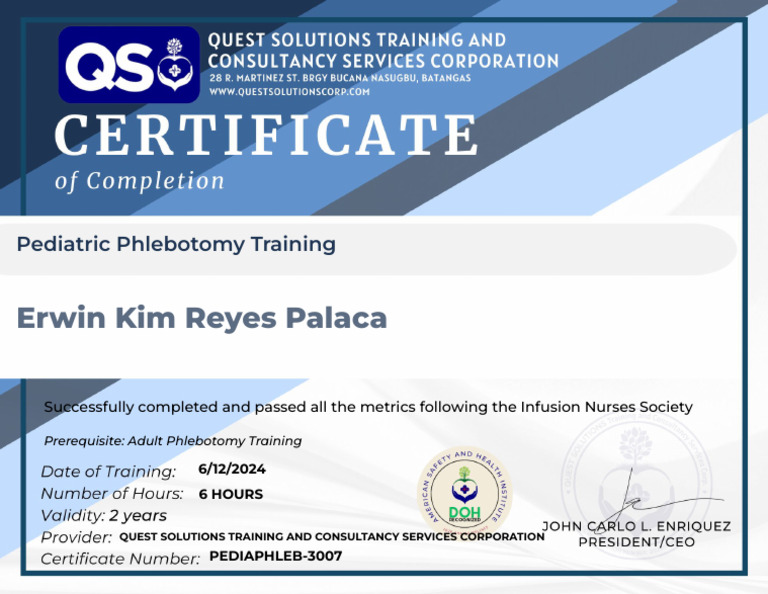 Pediatric Phlebotomy Certificate - Erwin Kim Reyes Palaca | PDF
