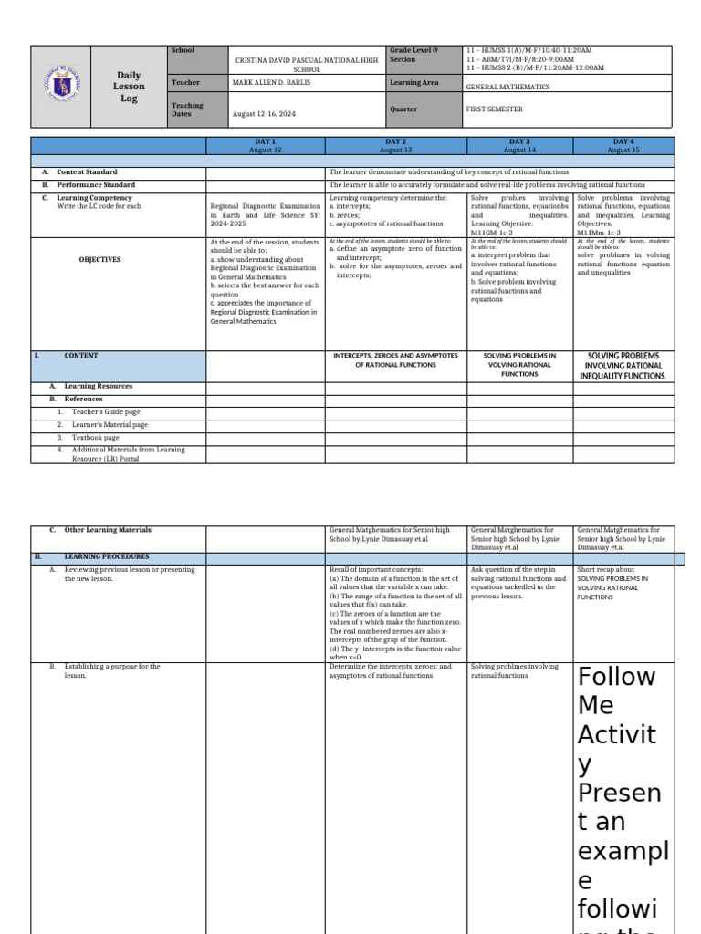 General Mathematics DLL - Week 2 | PDF