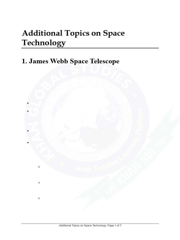 Additional Topics On Space Technology: 1. James Webb Space Telescope | PDF