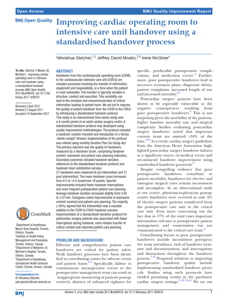 Improving Cardiac Operating Room To Intensive Care Unit Handover Using ...