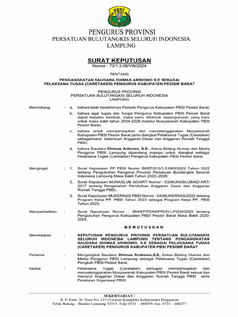 SK PLT PBSI Tingkat Kabupaten Kota | PDF