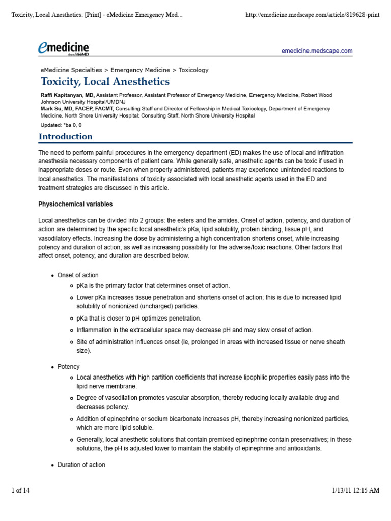 Toxicity, Local Anesthetics - Emergency Medicine | PDF