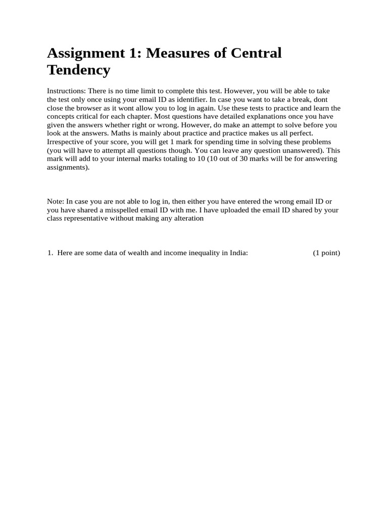 Assignment 1 - Measure of Central Tendency | PDF