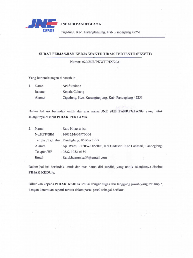 Surat Perjanjian Jne | PDF