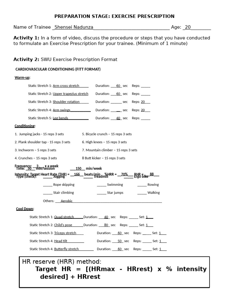 Exercise Prescription For The Trainee | PDF