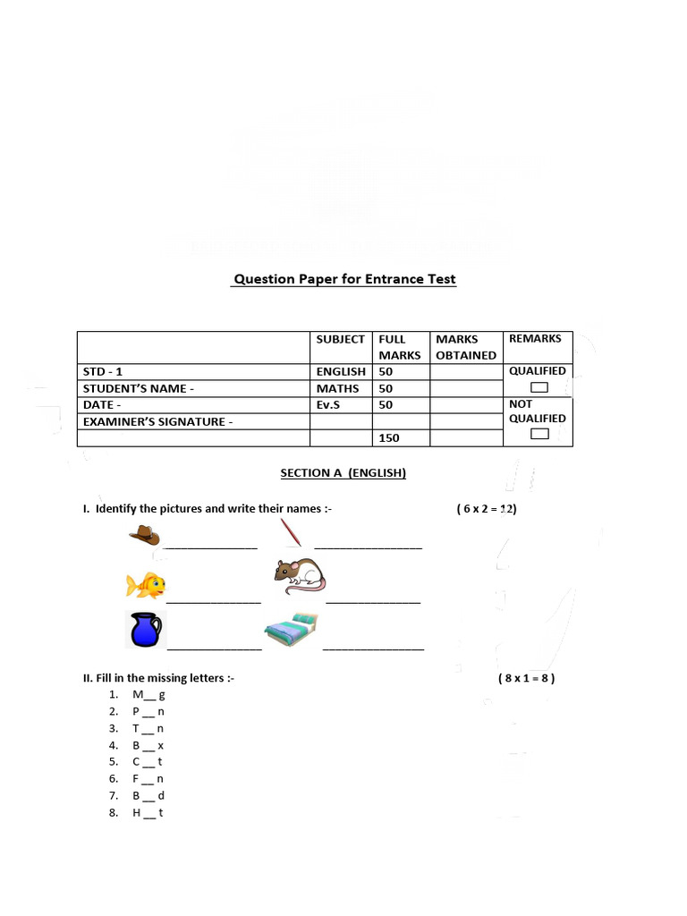 Bridgeford School Entrance Test Paper | PDF | Domesticated Animals