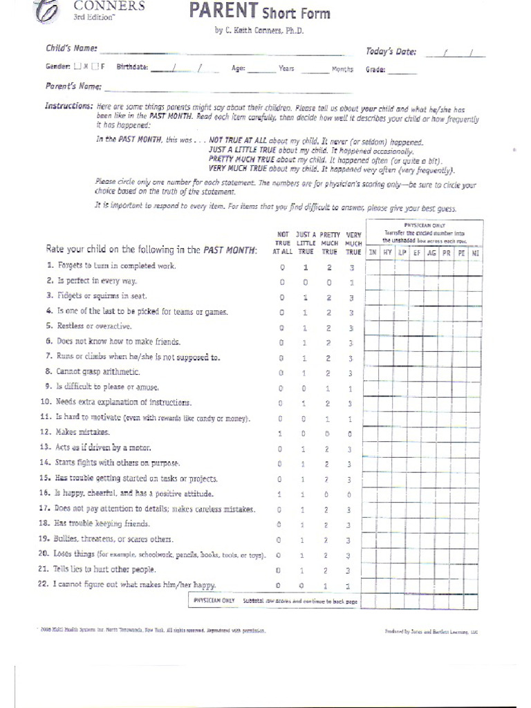 Conners 3 Parent Short Form | PDF