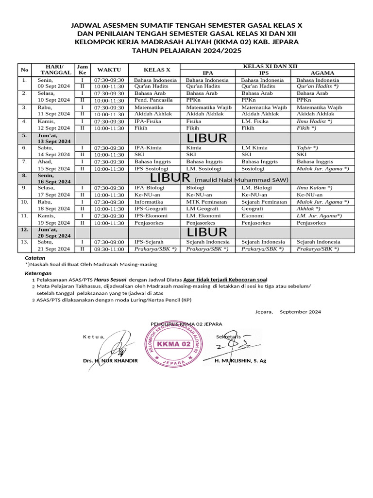 Jadwal Asts-Pts Gasal X-Xii TP 2024-2025 | PDF