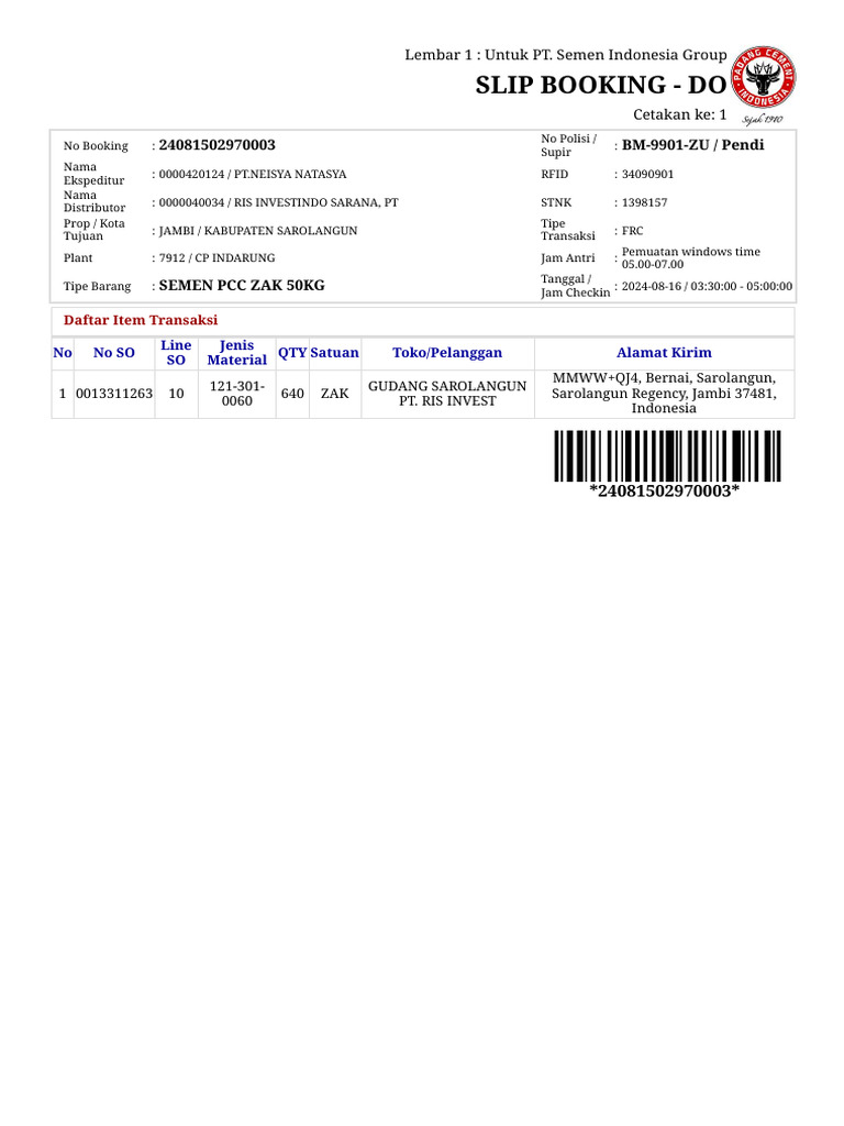 Slip Booking - Do: 24081502970003 BM-9901-ZU / Pendi | PDF