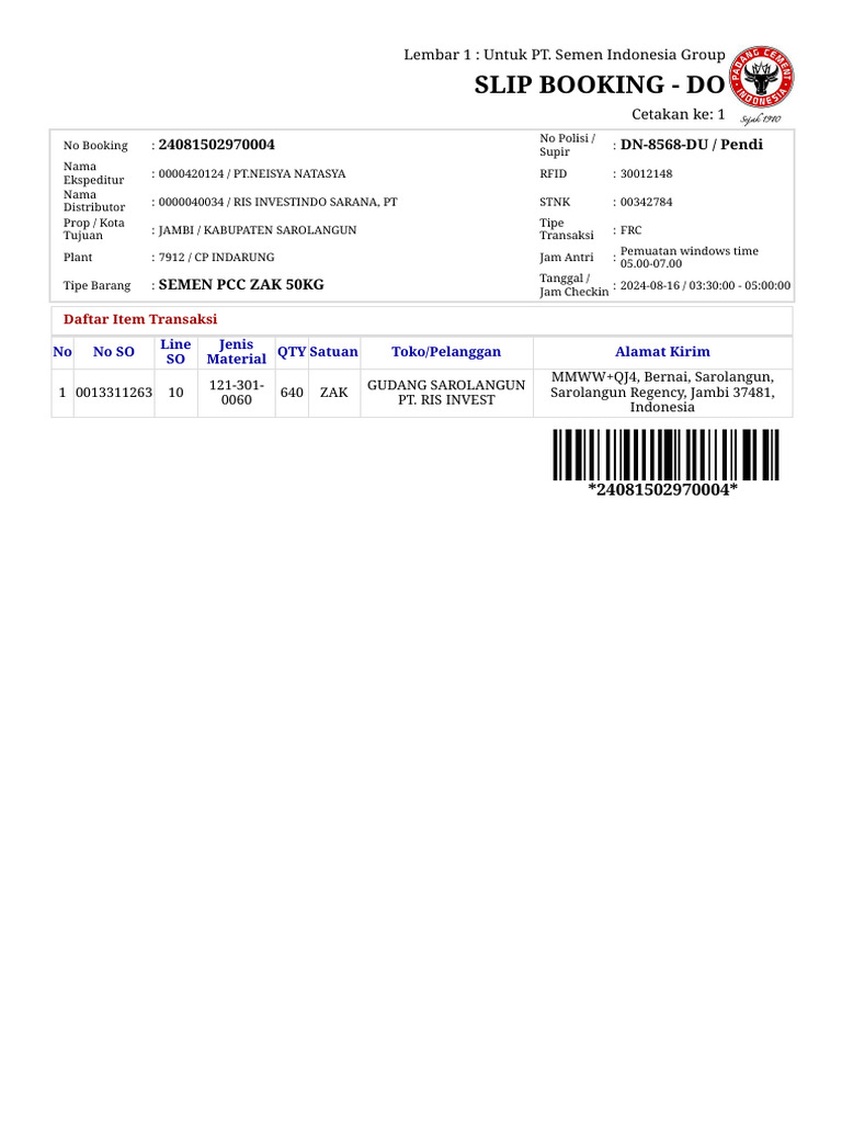 Slip Booking - Do: 24081502970004 DN-8568-DU / Pendi | PDF