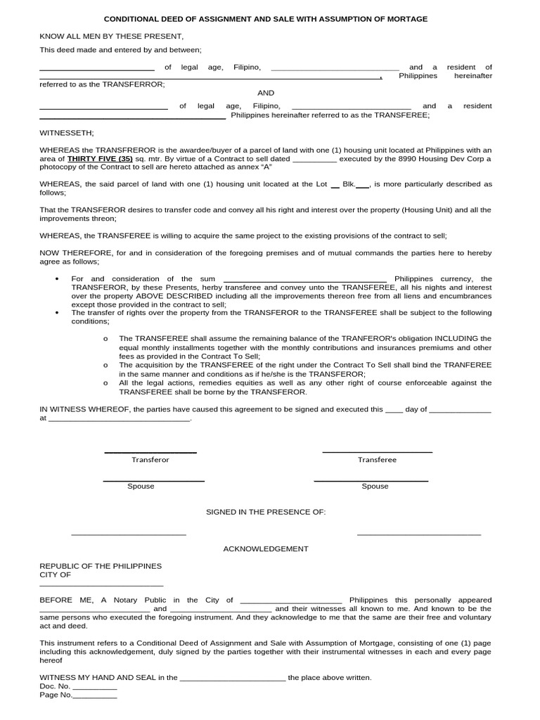 Conditional Deed of Assignment and Sale With Assumption of Mortage | PDF