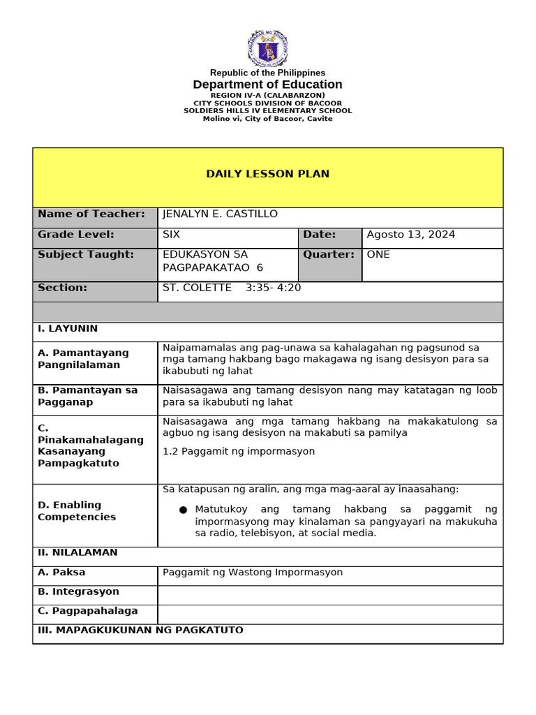 Esp6 - DLP Q1 - W3D2 | PDF