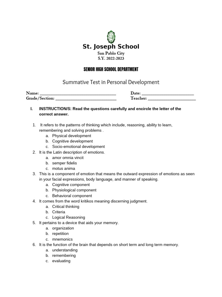Personal Development Test Q1 | PDF | Emotions | Reason