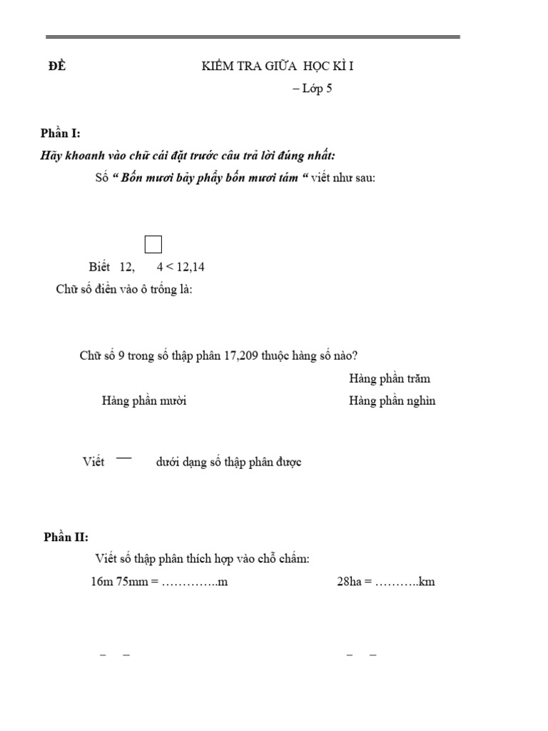 10 de Thi Toan Lop 5 Giua Hoc Ki 1 | PDF