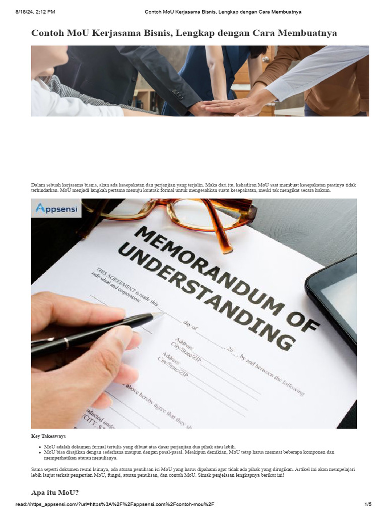 Contoh MoU Kerjasama Bisnis, Lengkap Dengan Cara Membuatnya | PDF