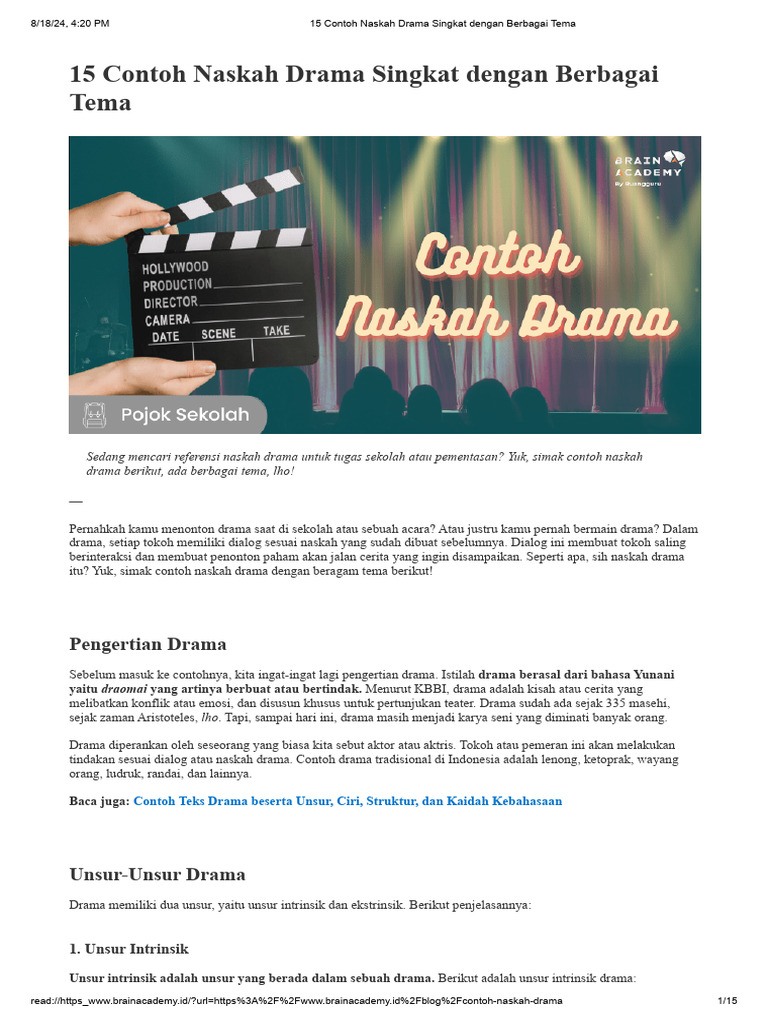 15 Contoh Naskah Drama Singkat Dengan Berbagai Tema | PDF