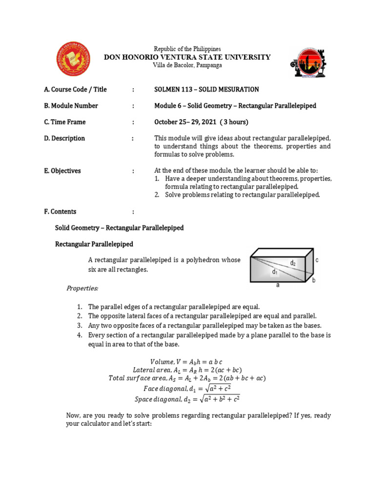 MODULE 6 Solid Geometry Rectangular Parallepiped | PDF | Rectangle | Art