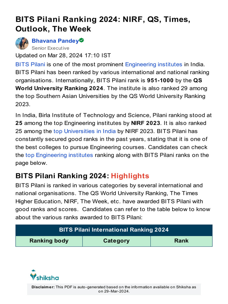 BITS Pilani Ranking 2024: NIRF, QS, Times, Outlook, The Week | PDF