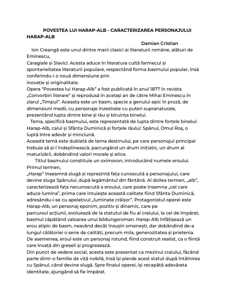 Povestea Lui Harap-Alb - Caracterizarea Personajului | PDF