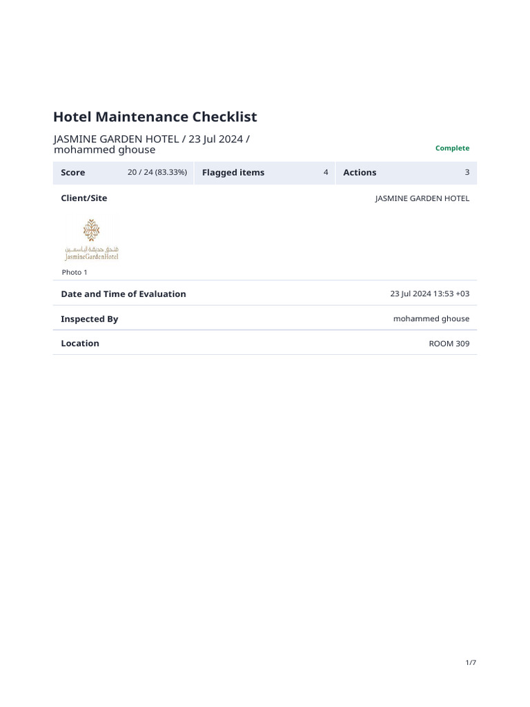 Hotel Maintenance Checklist: Jasmine Garden Hotel / 23 Jul 2024 ...