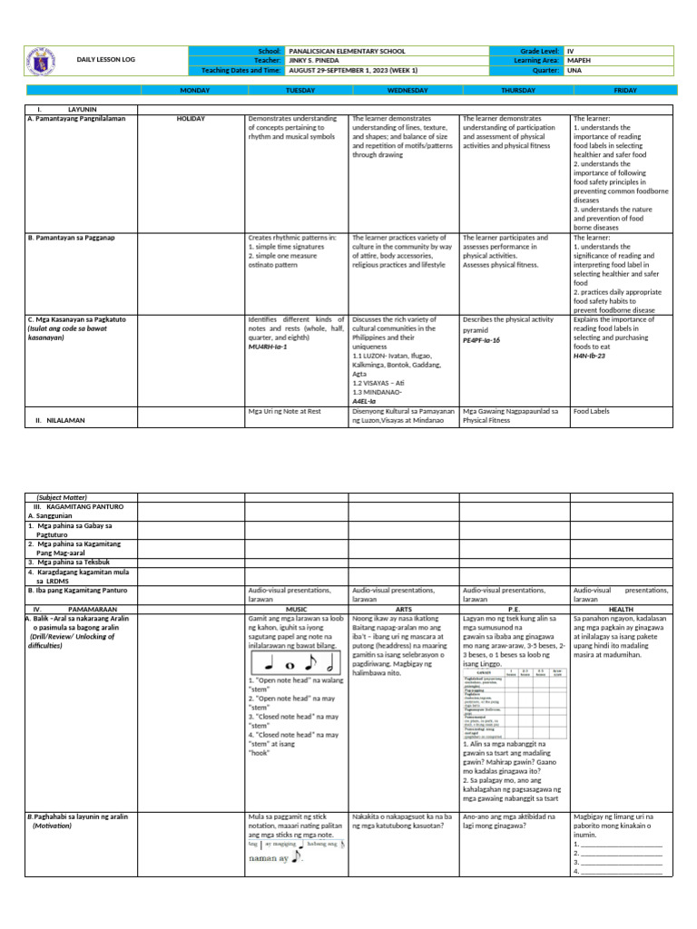 DLL - Mapeh 4 - Q1 - W1 | PDF