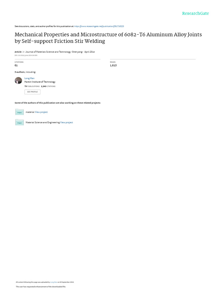 Mechanical Properties and Microstructure of 6082-T6 Aluminum Alloy Joints by Self-Support ...