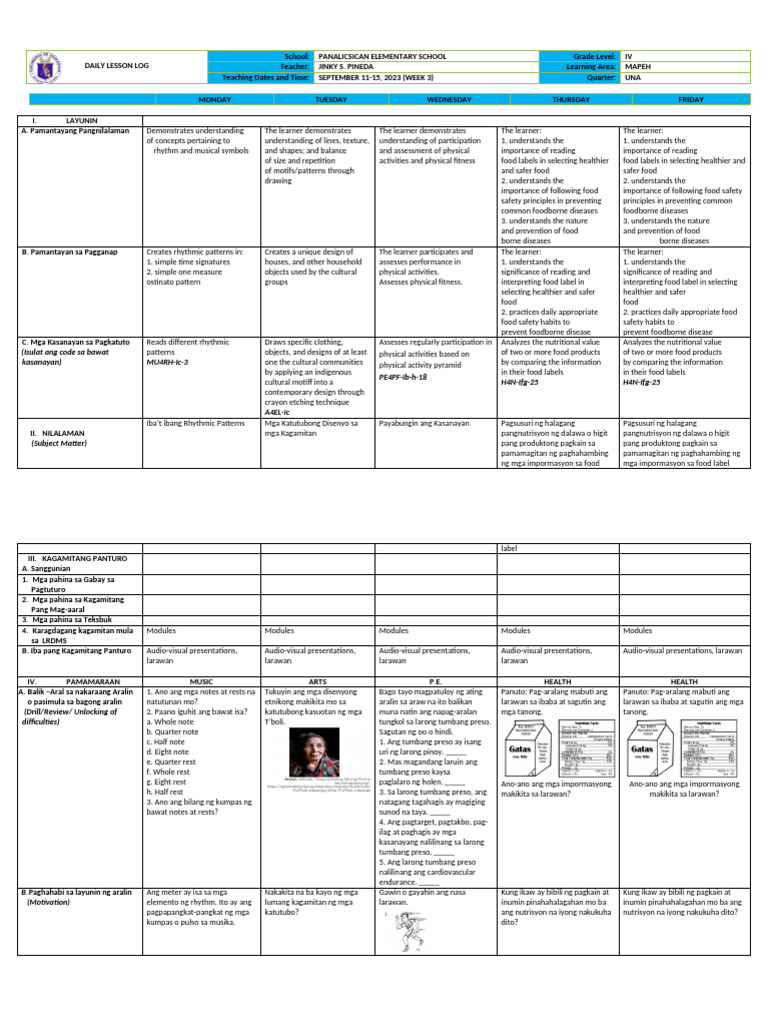DLL - Mapeh 4 - Q1 - W3 | PDF