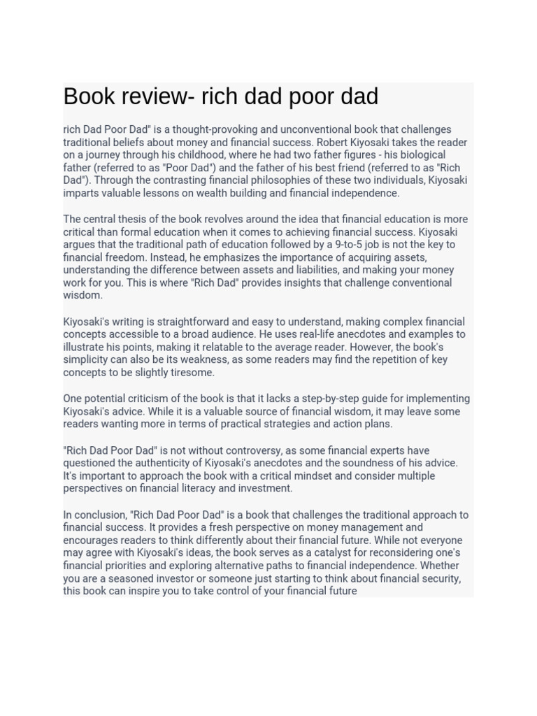 Book Review - Rich Dad Poor Dad | PDF