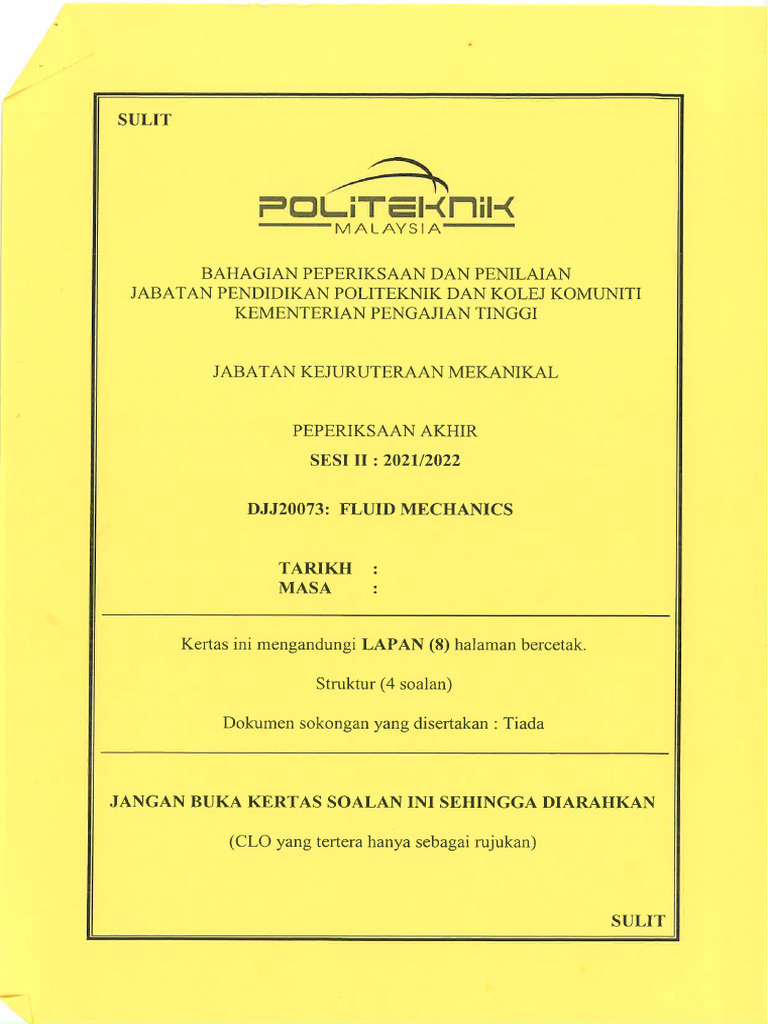 Fluid Mechanics Sesi 2 20212022 Soalan Peperiksaan - Set - 2 | PDF