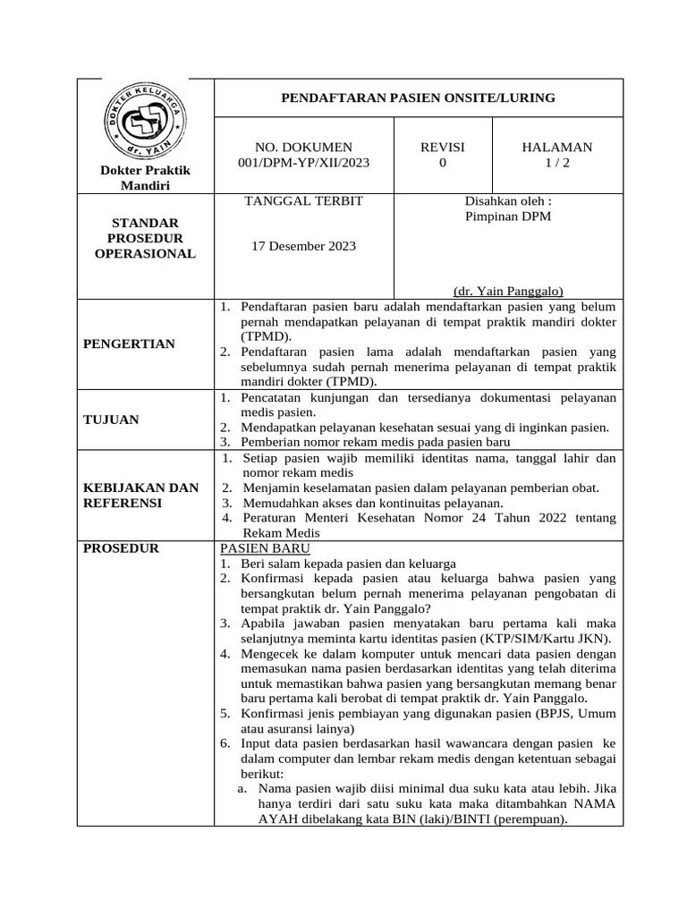 SPO Pendaftaran Pasien | PDF