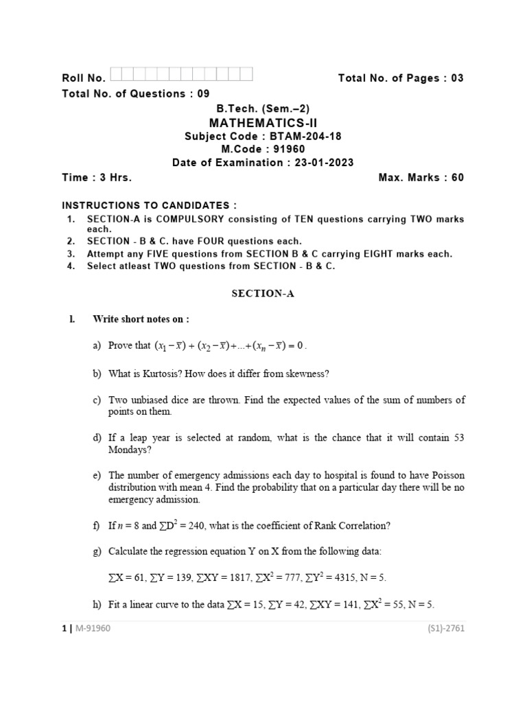 Btech 2 Sem Mathematics 2 91960 Jan 2023 | PDF