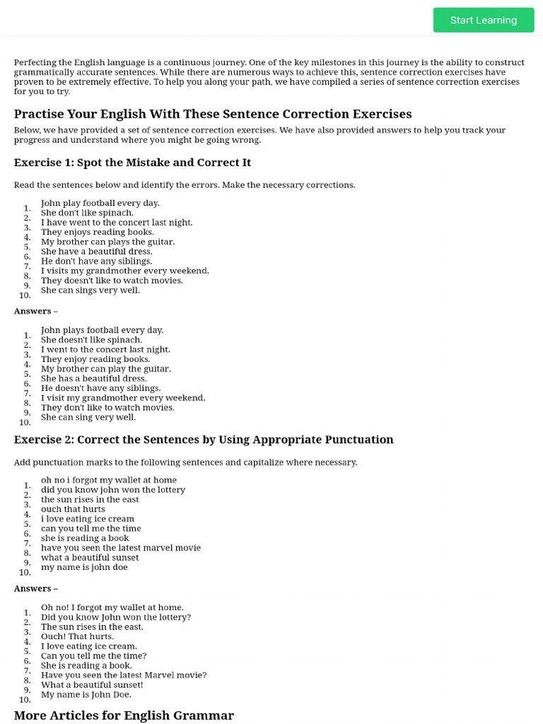 Correct The Sentences Exercises With Answers | PDF